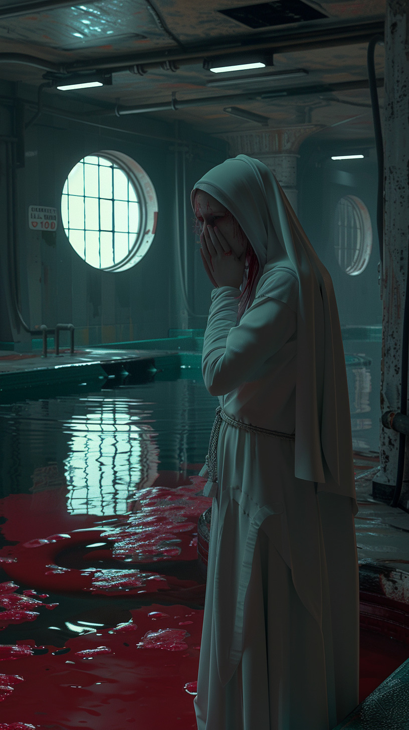 A nun standing in a swimming pool, a creepy nun, a-豆友GHYA的文本出图 ...