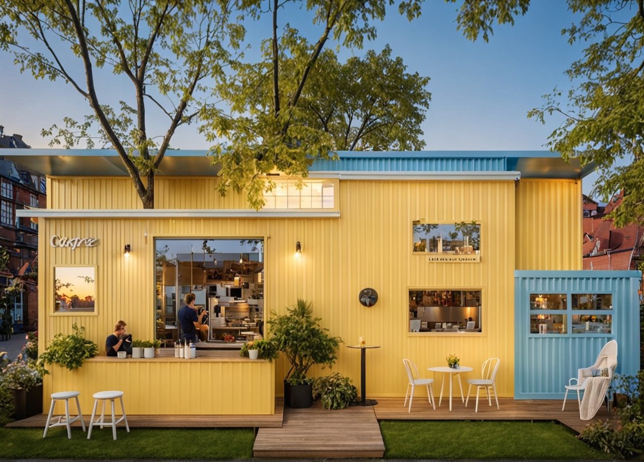 淡黄加浅蓝加白集装箱外观房屋咖啡店，夕阳，草地，梧桐树，汉堡-豆友9719的以图出图-通用模式作品