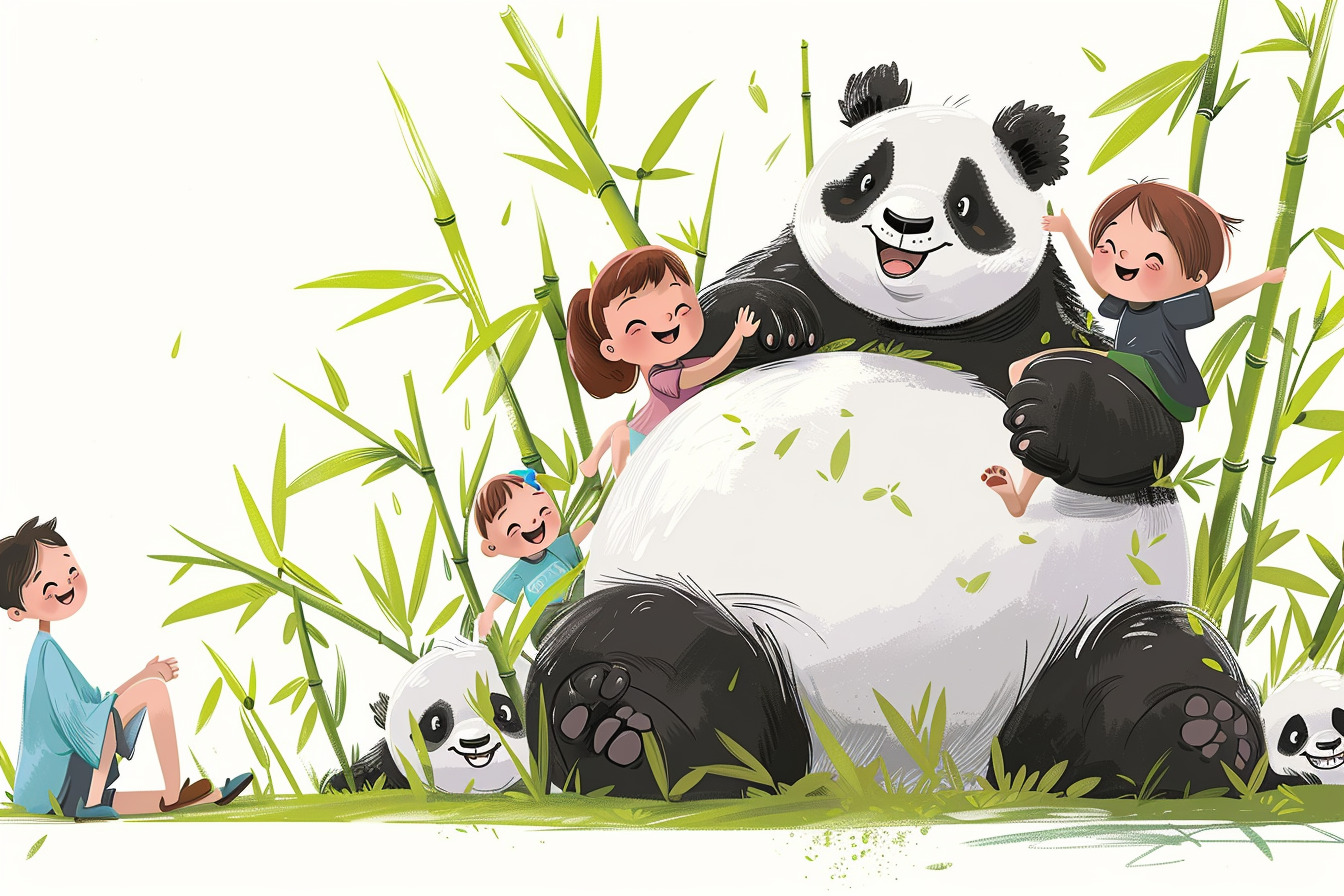 A cute big fat cartoon giant panda. Several childr-豆友4944的文本出图 ...