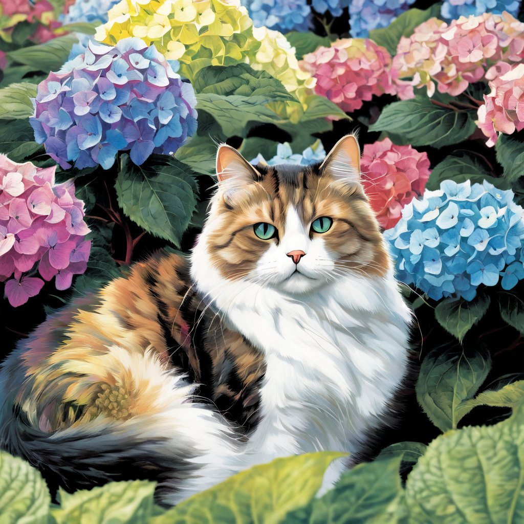 绣球花，可爱猫全身-豆友KK44的文本出图-自定义创作作品