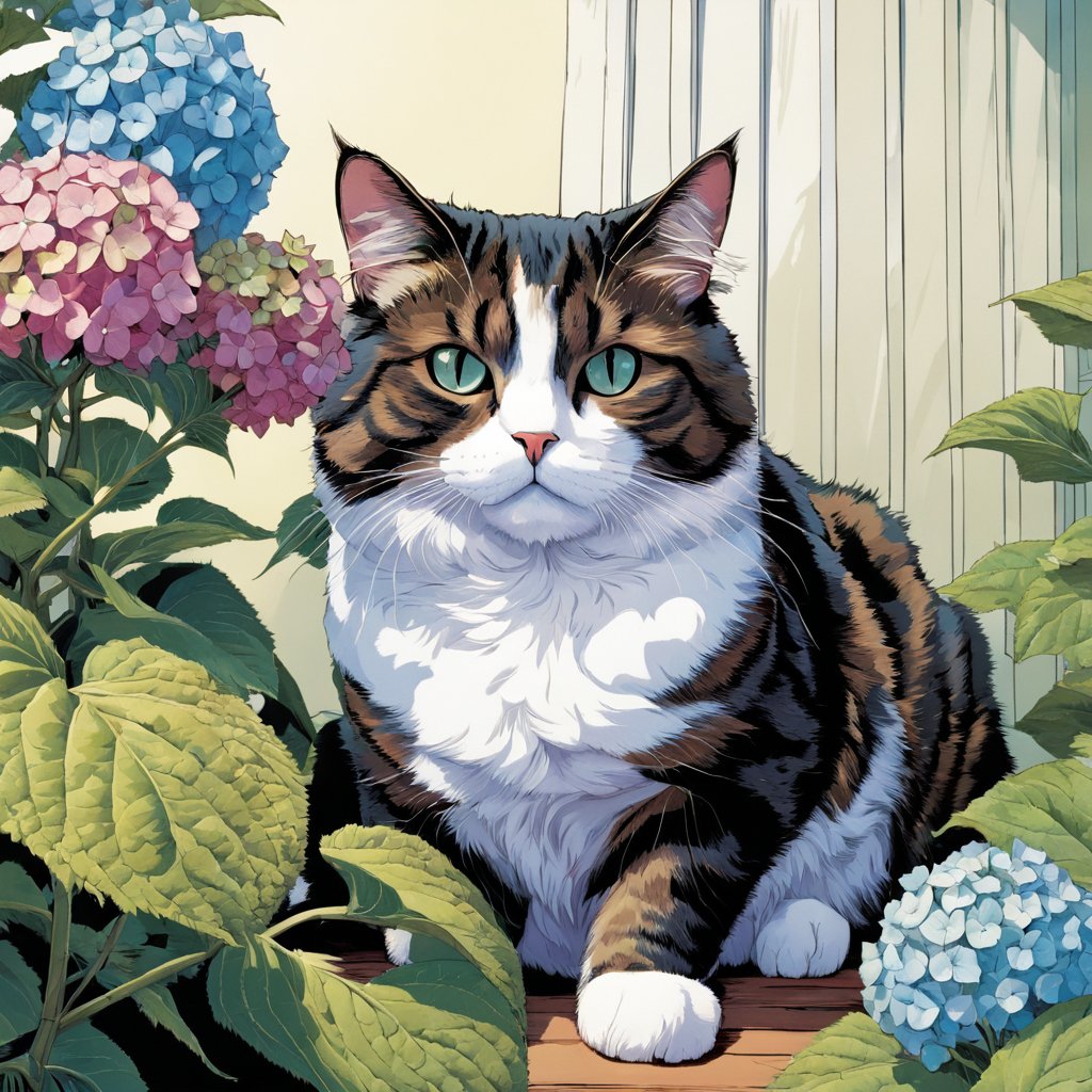 绣球花，可爱猫全身-豆友KK44的文本出图-自定义创作作品