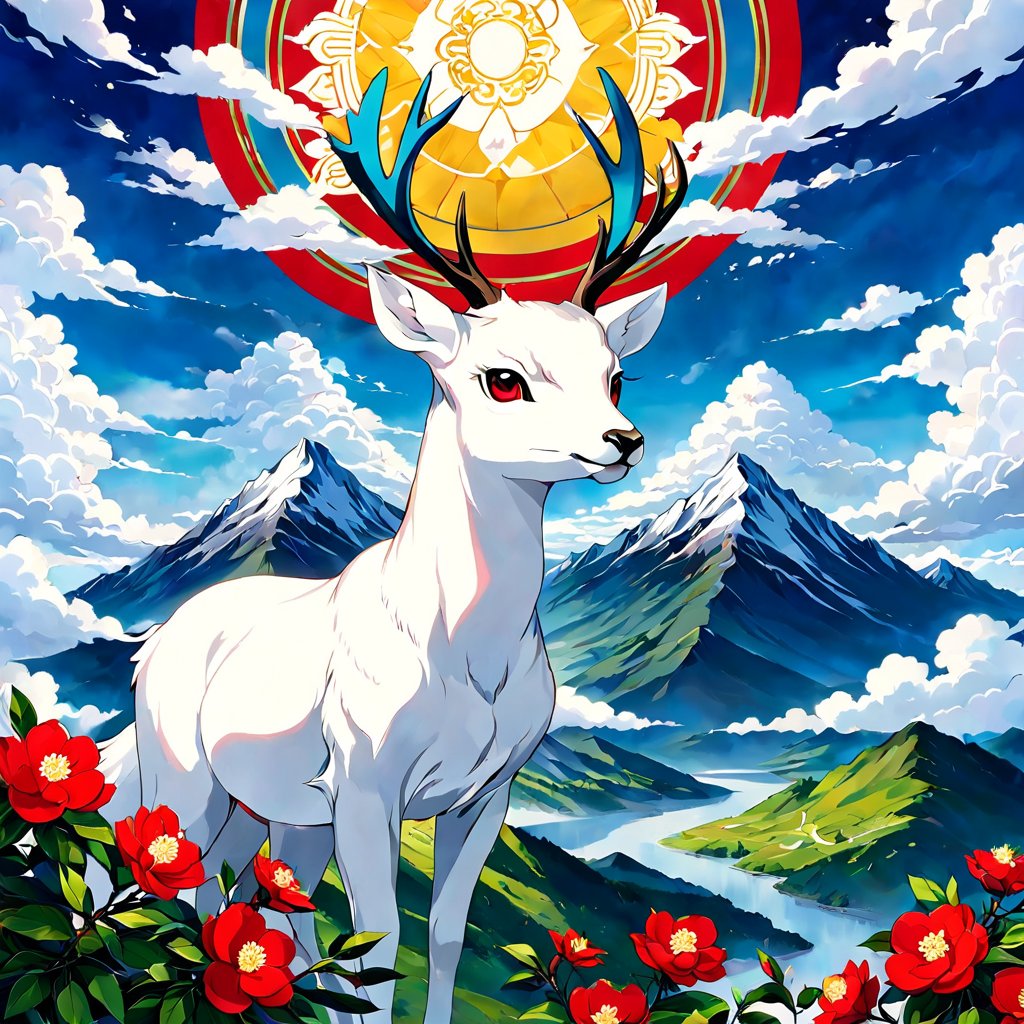 白鹿踏着祥云而来，鹿口叼着山茶花，山峦与祥云交叠，掐丝珐琅设计-豆友sbiw的文本出图-自定义创作作品