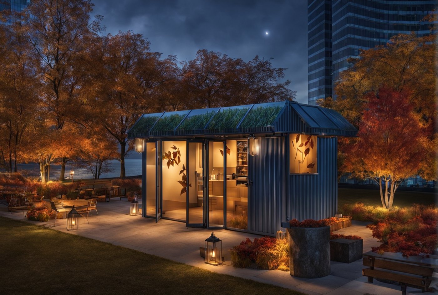 集装箱外观，夜晚，灯光树,户外,风景,天空,草,长椅,秋天的叶子,叶子,符号-豆友VDac的以图出图-通用模式作品