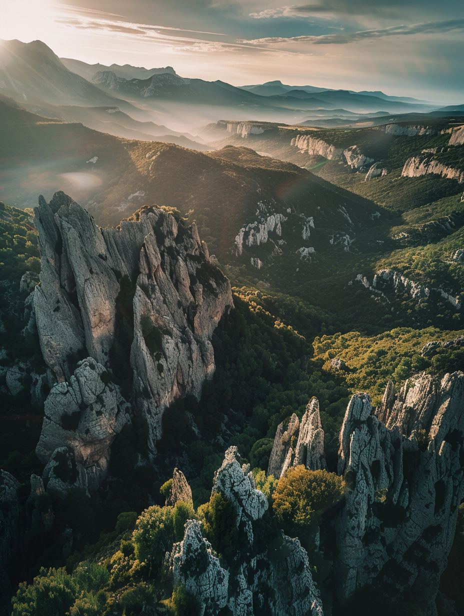 春天，奇型怪状的山峰，峡谷，悬崖，山谷，实景拍摄，真实摄影，广角镜头，航拍视角-幕后导演的文本出图-Midjourney模型作品