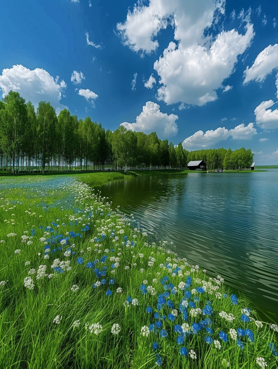 绿色草地，禾木村，蓝色小野花，白桦树，榆树，深蓝色的大海，蓝蓝的湖水，天际线，大师作品，最好画质，更-豆友s7zg的文本出图 ...