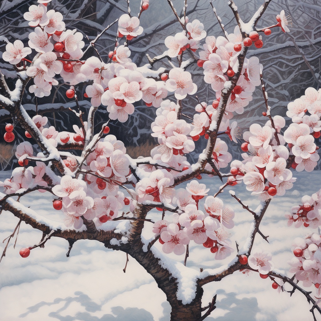大雪纷飞，梅花傲然开放-仙叔的文本出图-Midjourney模型作品