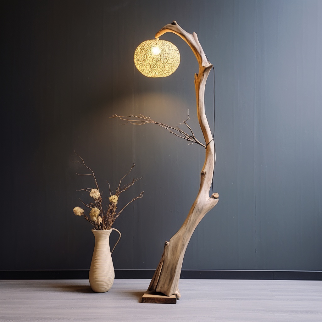 落地灯，上面摆有花瓶，深色 胡桃色，。真实感，展厅，侘寂风，极简简约，实木家具，，民宿，整体风格偏灰-豆友ytf0的文本出图 ...