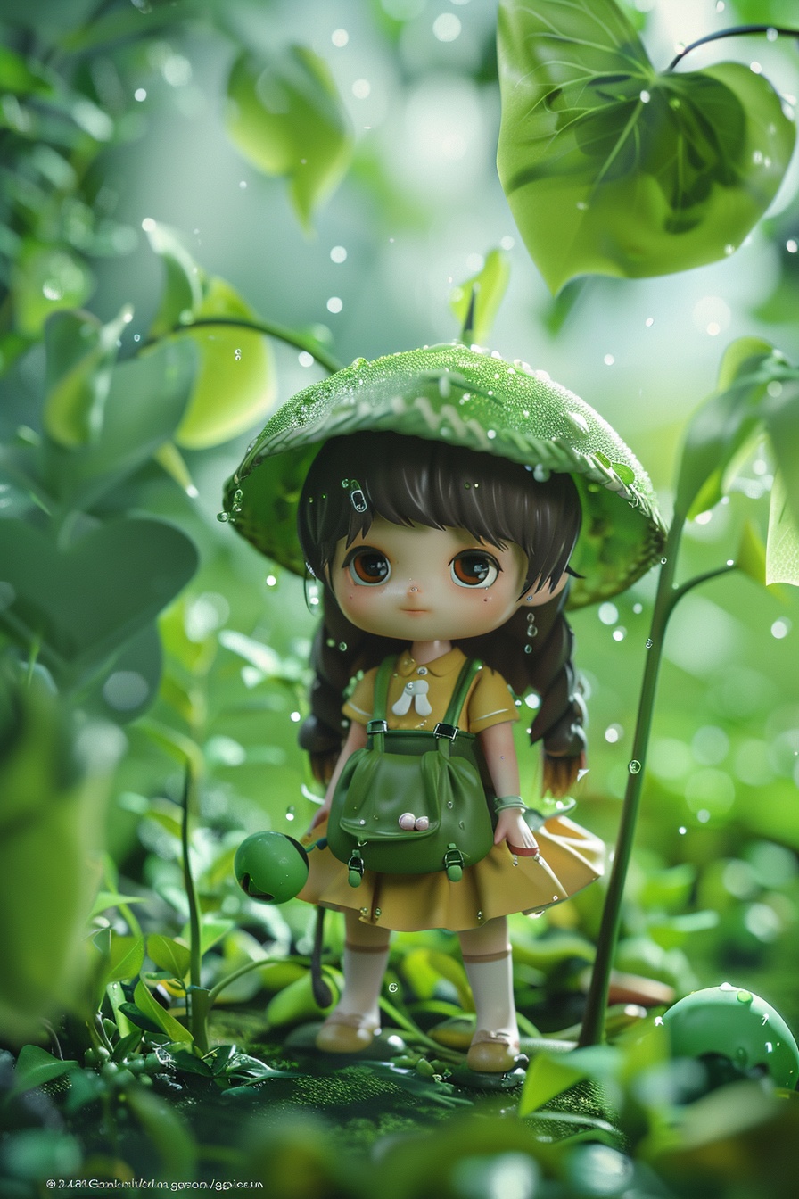 泡泡玛特风格，IP人物盲盒，一个非常可爱的BJD女孩, chibi，全身，绿色背景，细致肖像画，卡通-liuburen的文本出图 ...