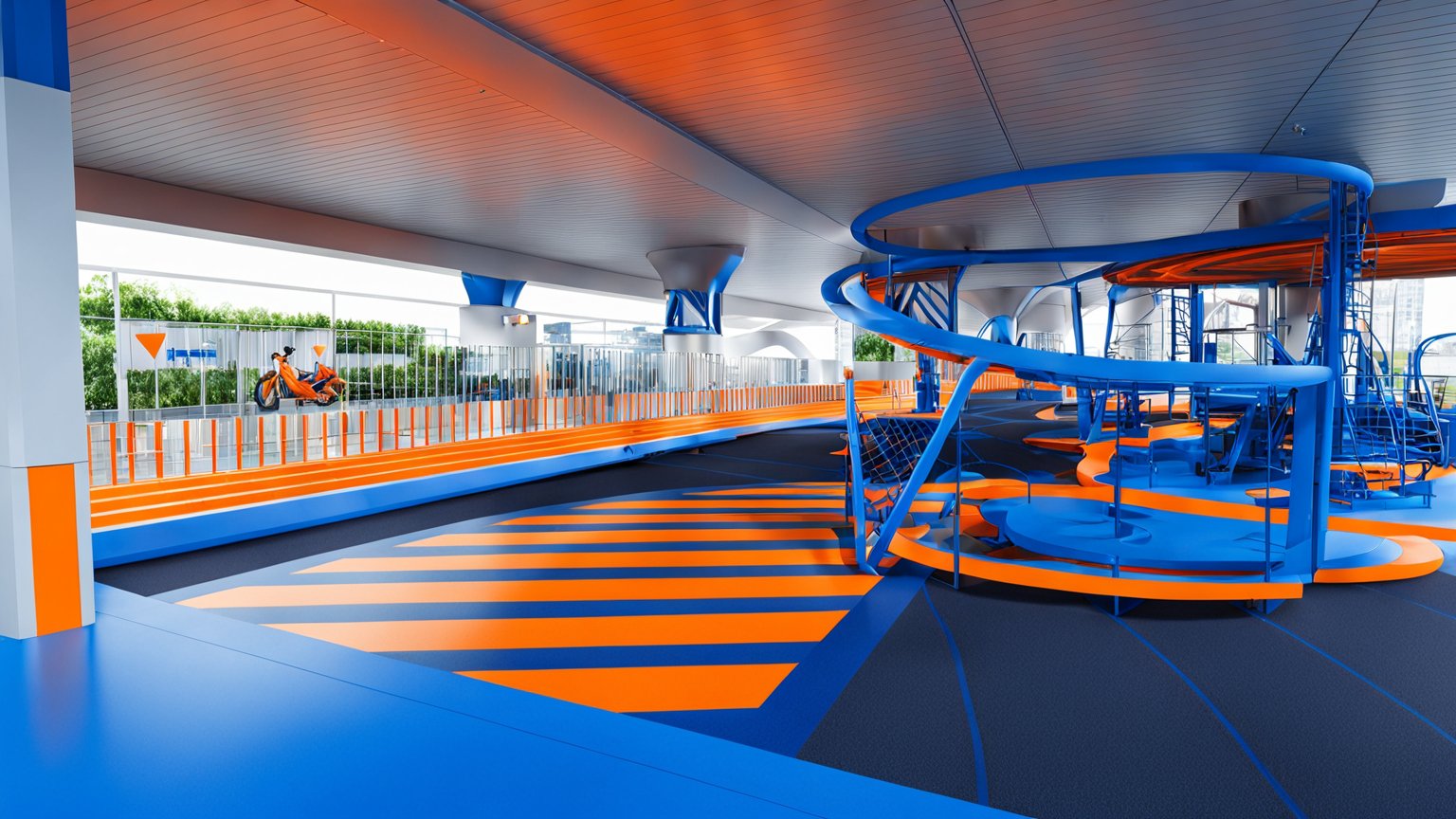 桥梁下的工园，地上是蓝色偏多带点橙色的橡胶跑道-豆友di5E的建筑室内-3D软件场景截图作品