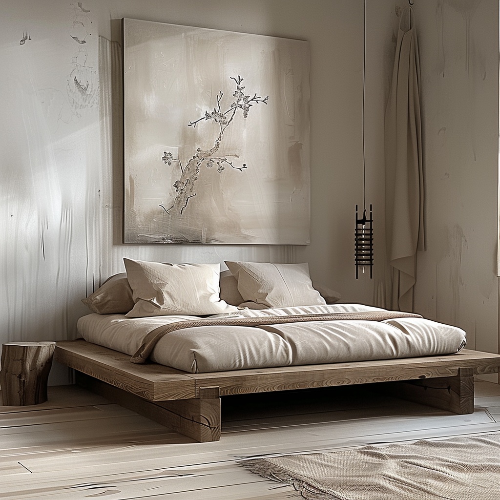 民宿，大床，笨重感，厚重感，用料粗大，古朴，胡桃色，老木头，极简简约，挂一副山水画，明亮，实木家具，-豆友i19k的文本出图 ...