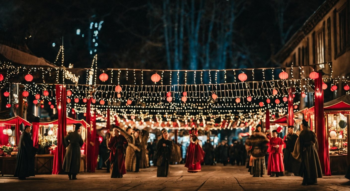 欧美圣诞市集，市集里有穿中国古代服装的人，市集里也挂上了中国灯饰。还有人穿汉服跳舞。-豆友l9yE的文本出图-自定义创作作品