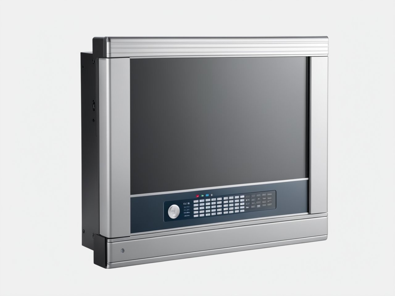 银色铝制 8U 机箱，正面特写，超大显示屏，带有触摸按键，条纹设计，简洁现代风格，自然光照。参考苹果-豆友si0M的文本出图-自定义创作作品