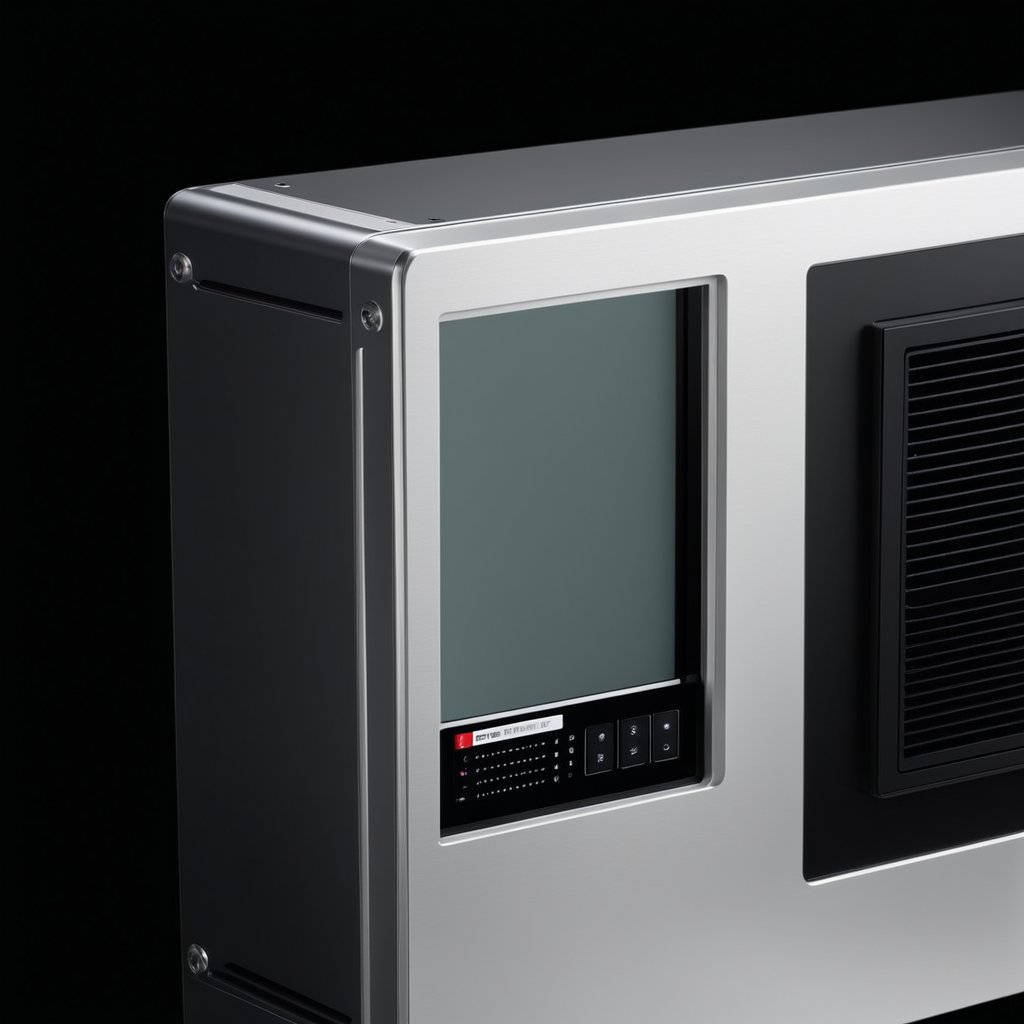 银色铝制 8U 机箱，正面特写，超大显示屏，带有触摸按键，条纹设计，简洁现代风格，自然光照。参考苹果-豆友si0M的文本出图作品-豆绘AI ...