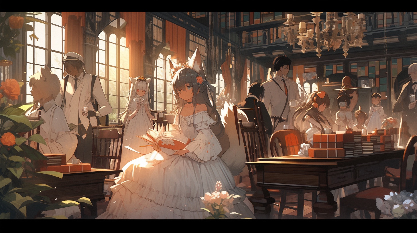 动漫风格，婚纱合照，橘猫穿着白色西装打黑色领结，红色狐狸耳朵女孩，穿着有金色花朵图案的短袖黑色长裙，-豆友BA58的Midjourney作品 ...