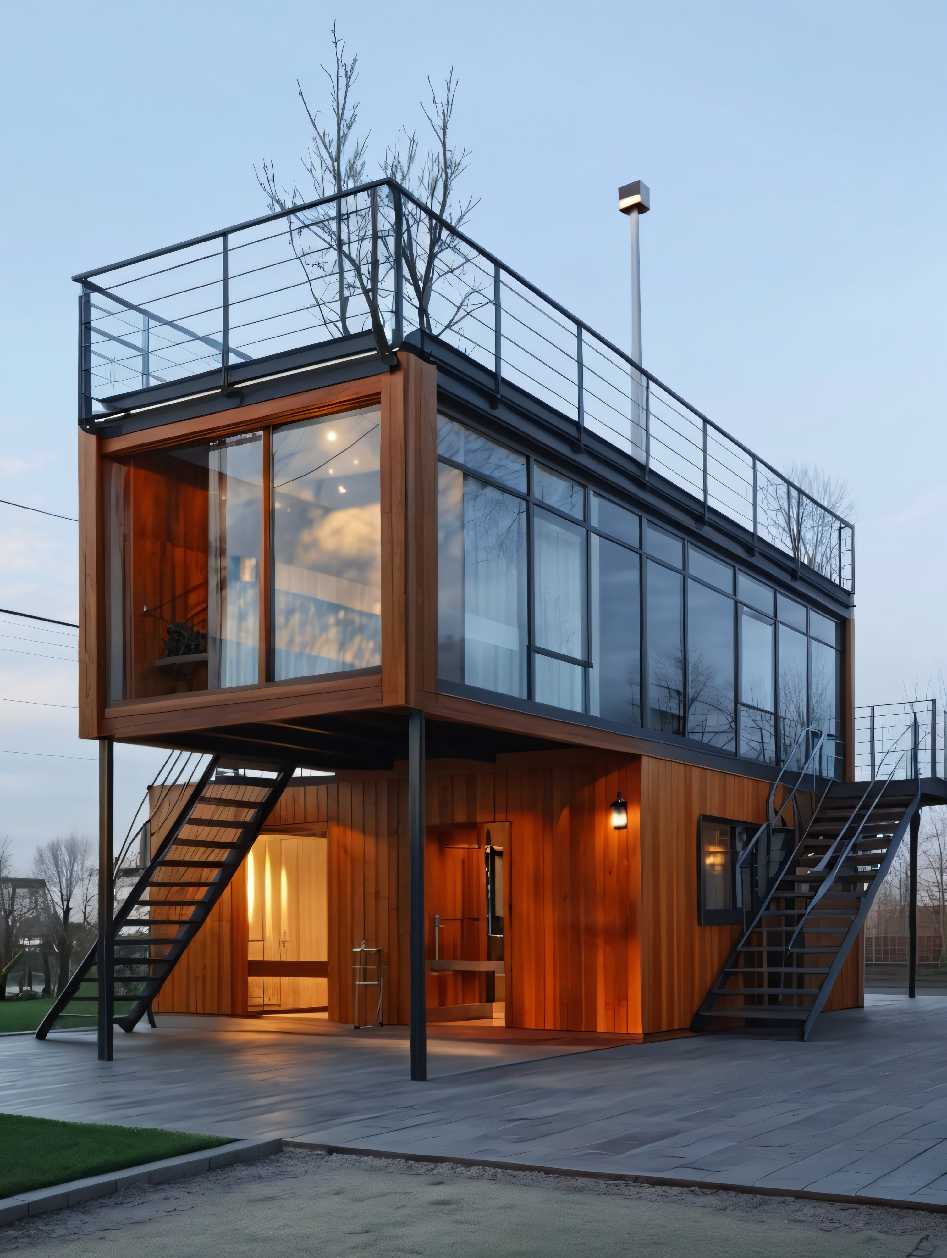 风景,户外,光秃秃的树,树,天空,建筑,窗户,白天,门,灯柱,蓝天,楼梯,栅栏,栏杆-豆友2094的以图出图 - 4K超清化作品-豆绘AI ...