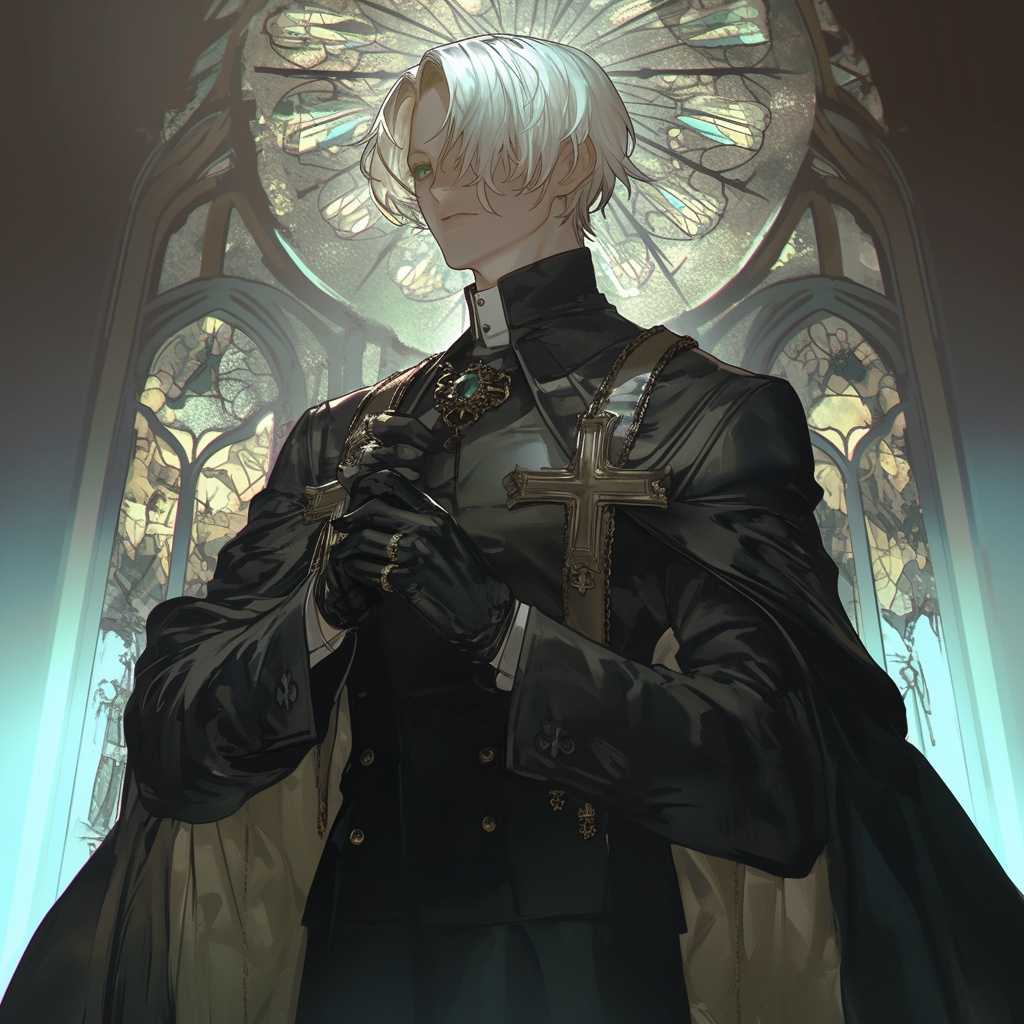 神父，padre，神父法衣，gothic windbreaker，slanty eyes，银发，短发-豆友YwK4的Midjourney作品 ...