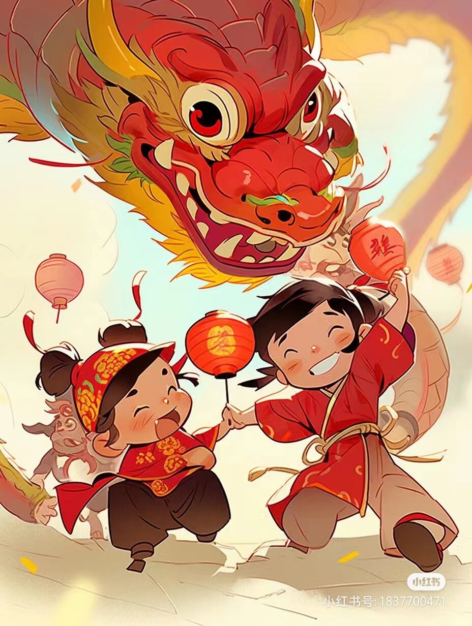 cute big fat cartoon Chinese dragon and five boys -豆友FneM的文本出图-自定义创作作品