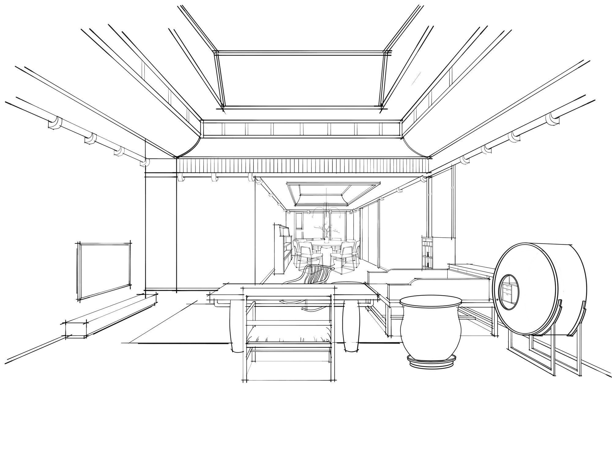 乳胶漆、金砖、实木，罗汉床、条案、休闲椅、茶桌、茶椅圆餐桌、餐椅、餐边柜，水墨艺术画-豆友jLcQ的文本出图-自定义创作作品
