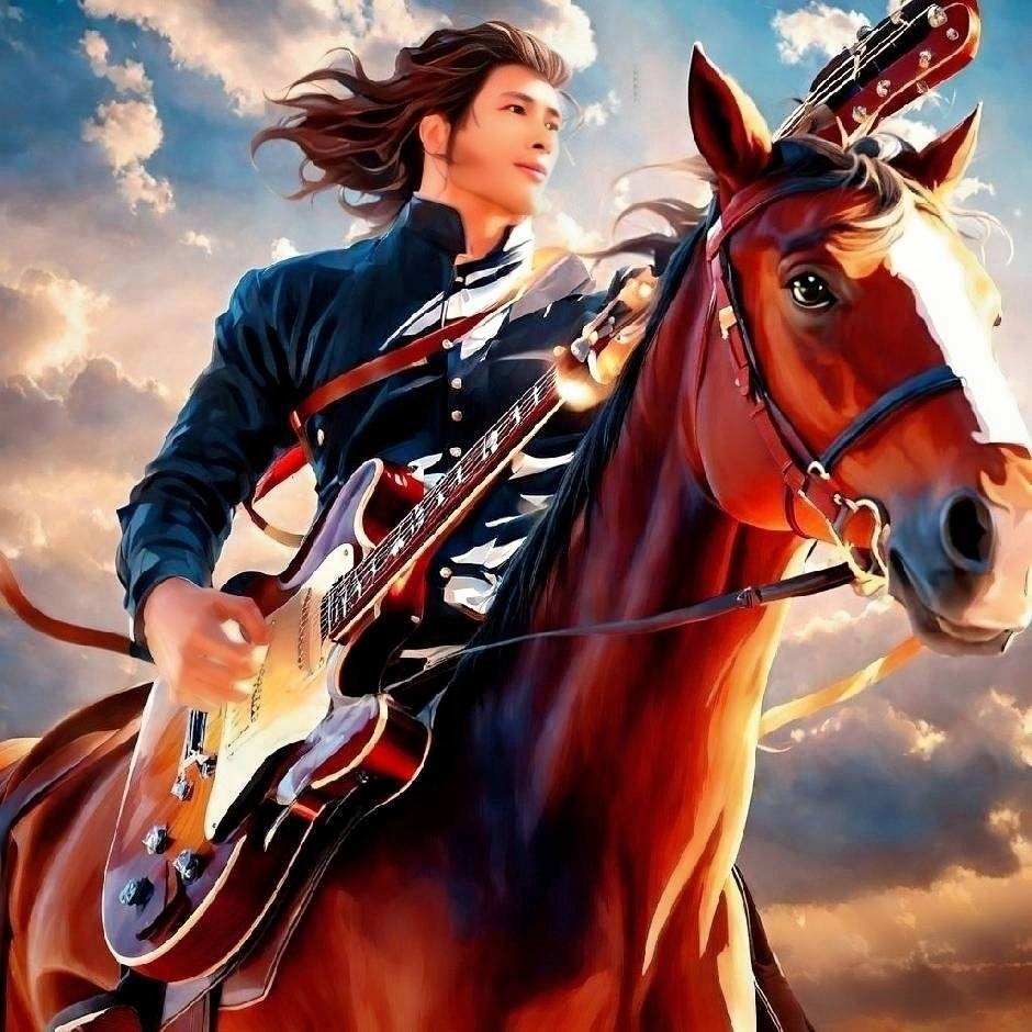 骑在马上弹电吉他的英俊大师，真人侧面写真，马头向右，非常漂亮的一匹马，背景洋气温暖有亲和力。-豆友knGI的文本出图-Midjourney模型作品